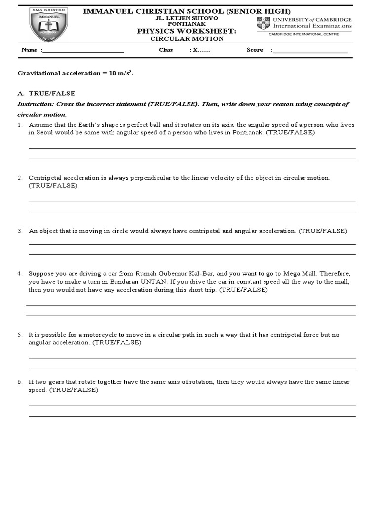 Ch. 5 Circular Motion Worksheet | PDF | Acceleration | Speed