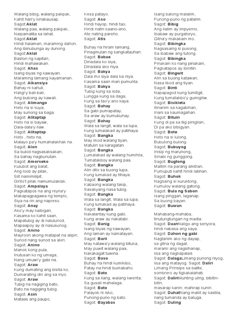Bug Tong (Filipino Riddles) | PDF