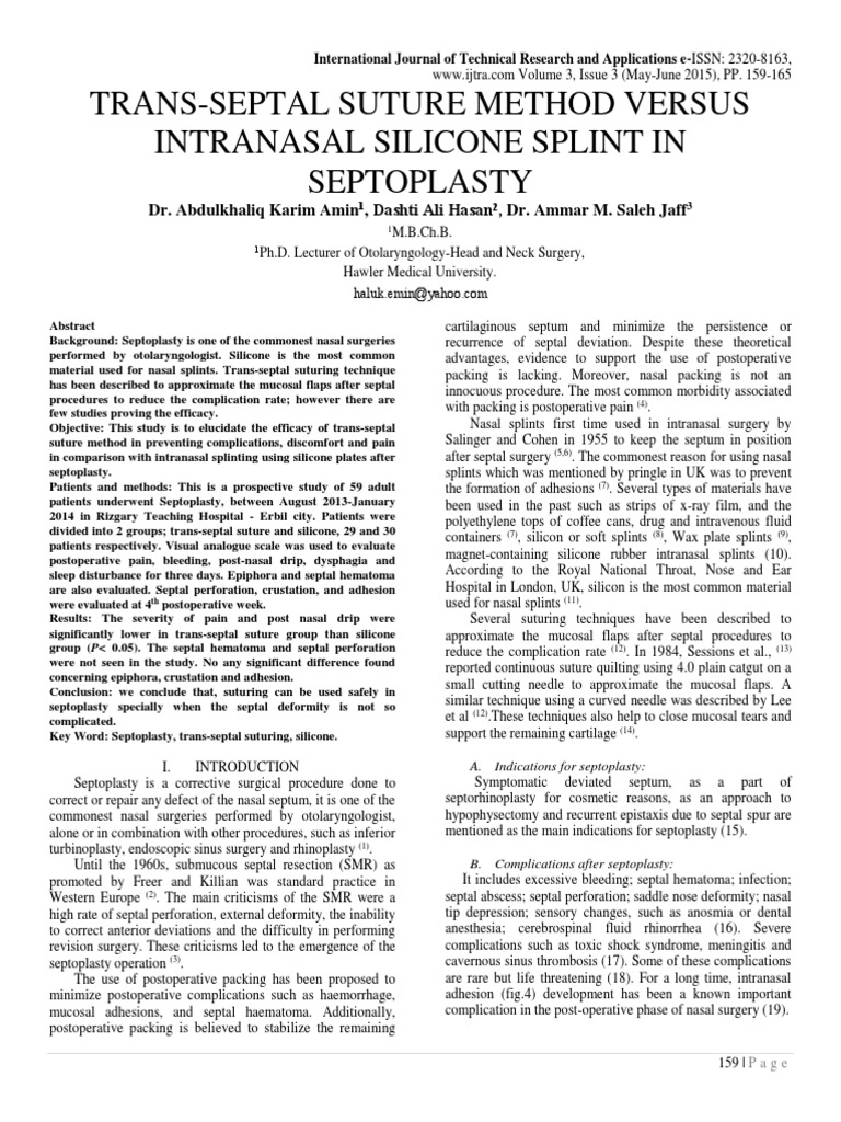 Trans-Septal Suture Method Versus Intranasal Silicone Splint in ...