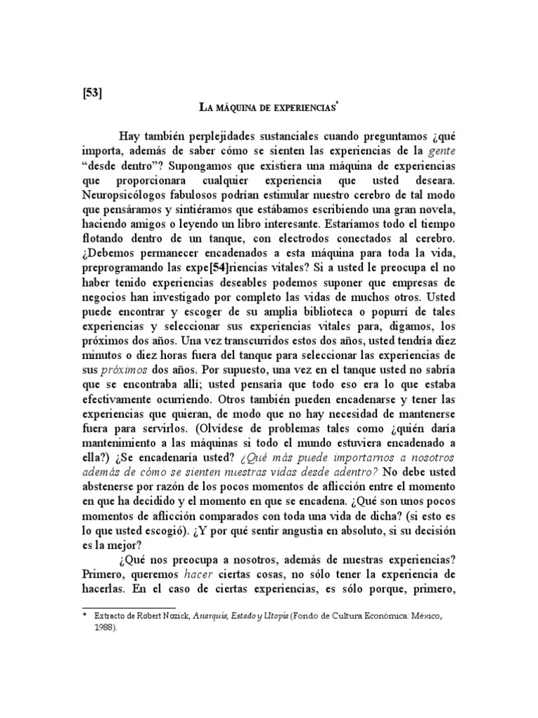 Nozick - La Máquina de Experiencias | PDF | Realidad | Science