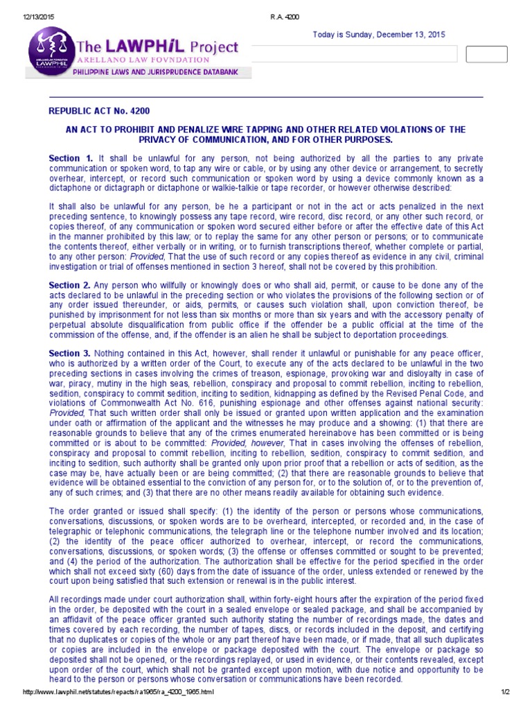 RA 4200 - Anti WireTapping Act | PDF | Telephone Tapping | Crime & Violence