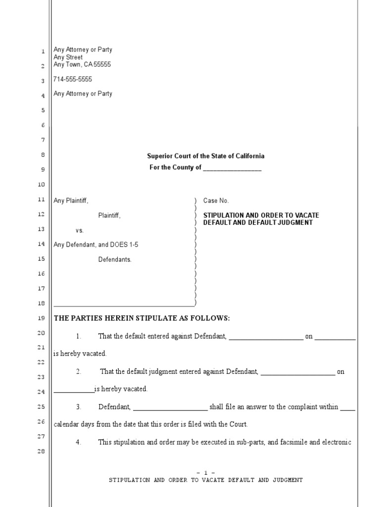 Sample Stipulation and Order To Vacate Default and Judgment in ...