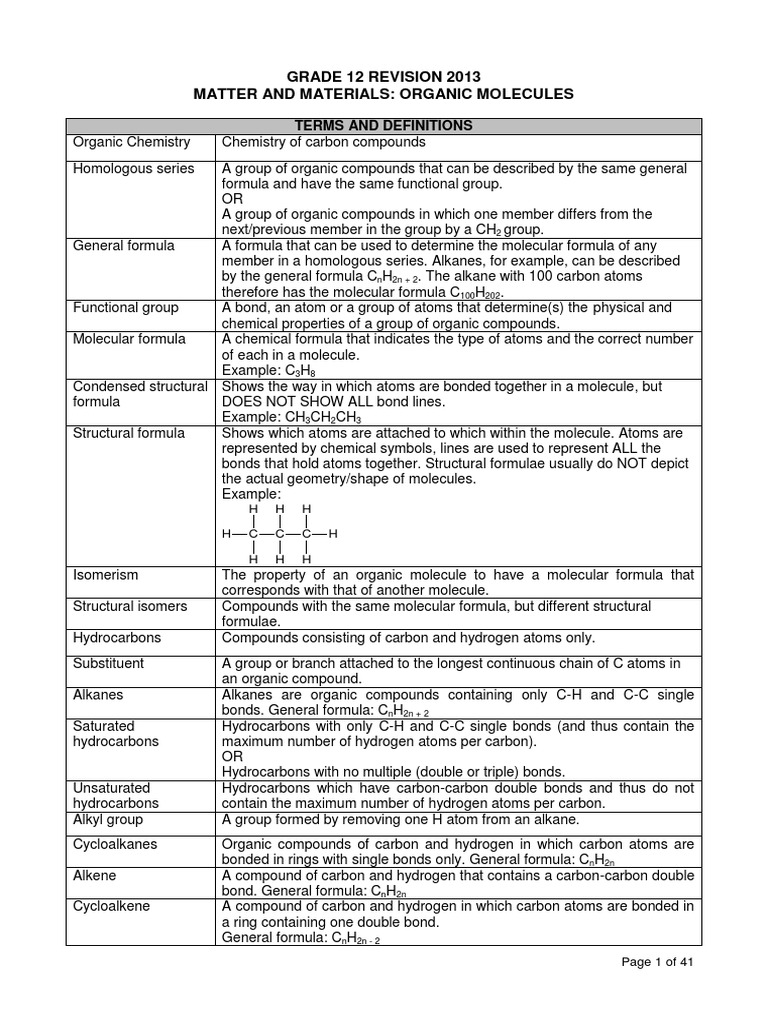 Organic Chemistry Grade 12 Revision | PDF | Alkane | Alkene