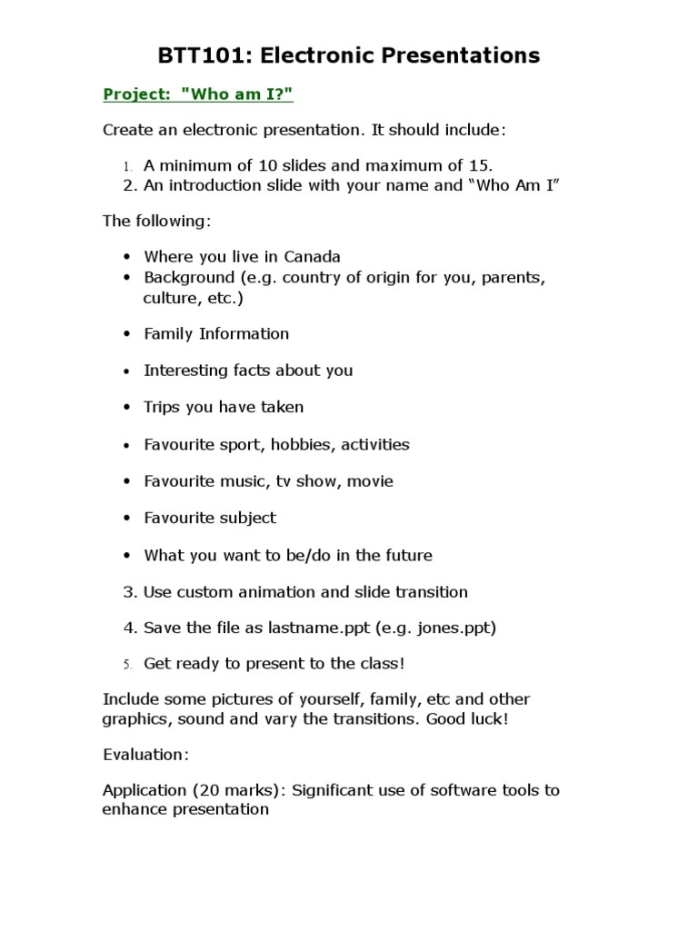 Student Personal Presentation Guide | PDF | Games & Activities