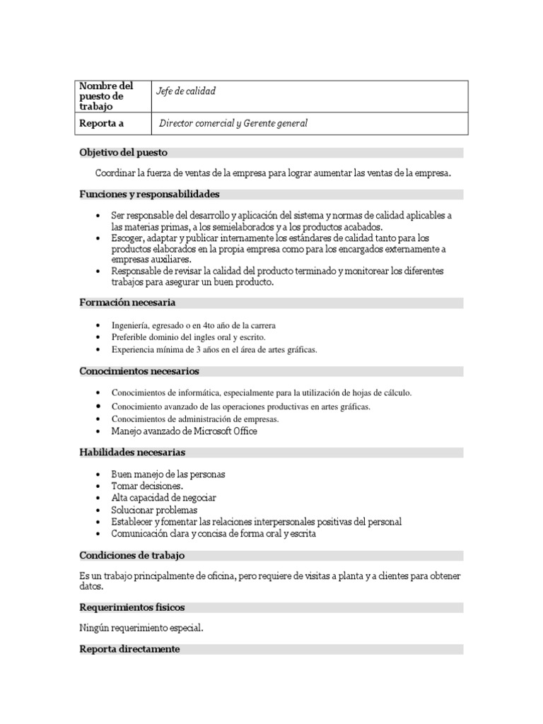 Perfil de puesto de Jefe de Calidad