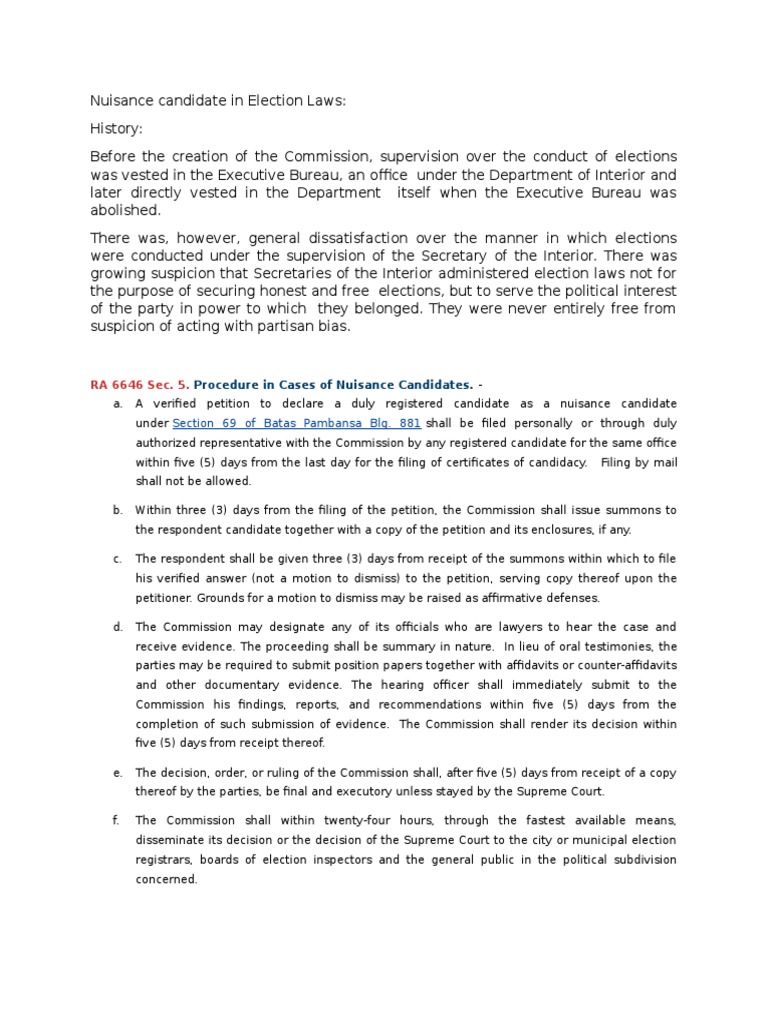 Nuisance Candidates in Philippine Elections | PDF | Public Law | Common Law