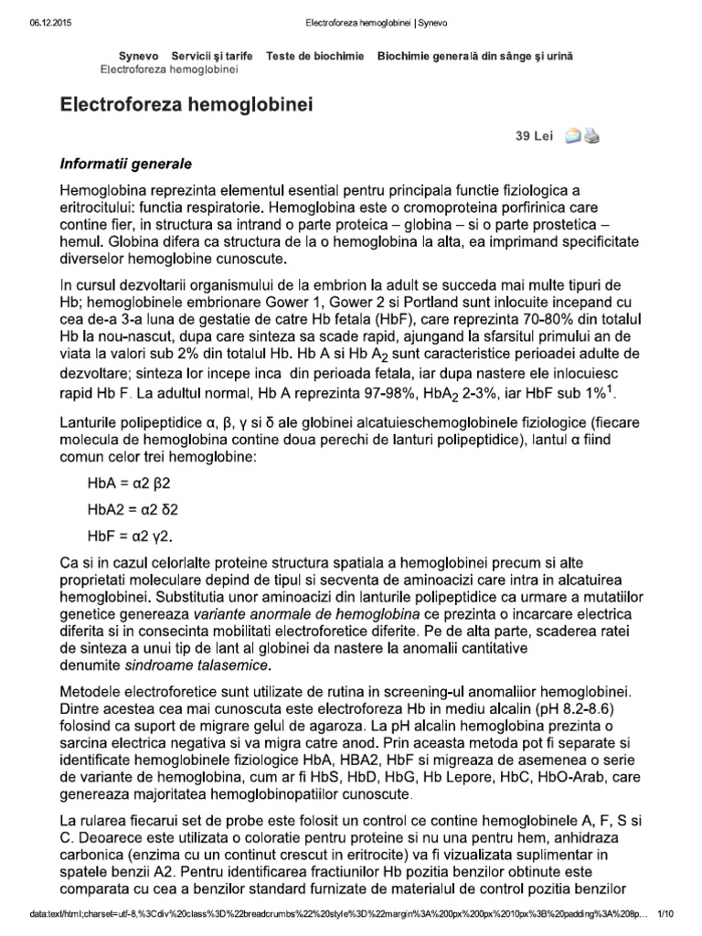Electroforeza Hemoglobinei - Synevo | PDF