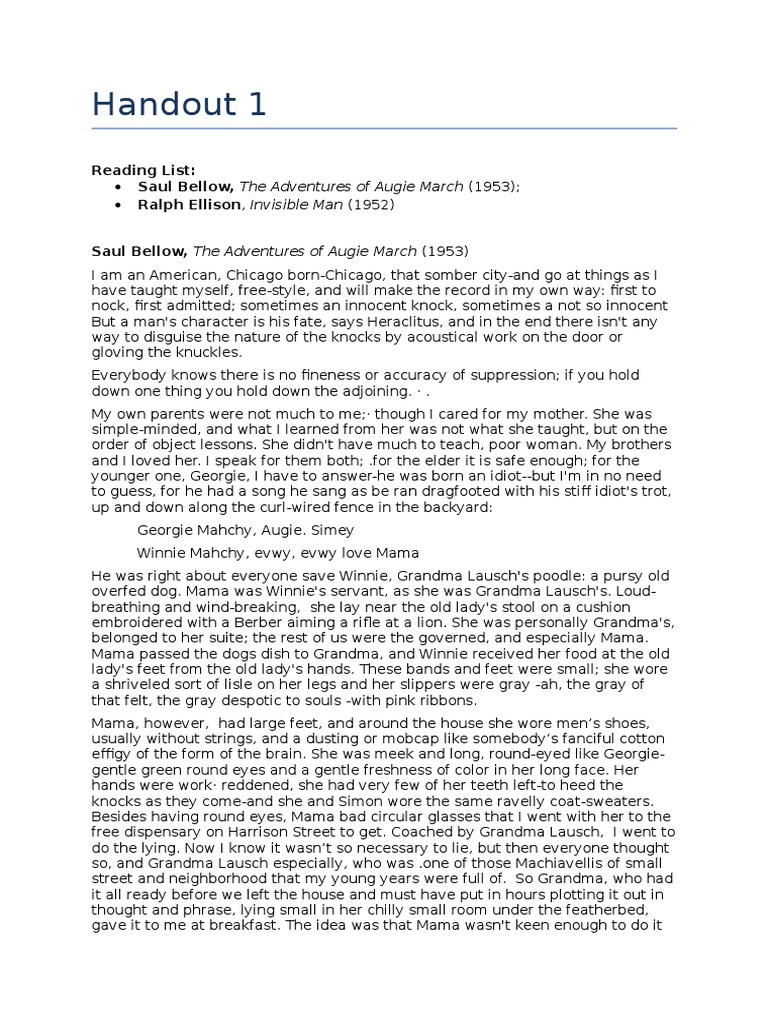 Handout 1: Reading List: Saul Bellow, The Adventures of Augie March ...