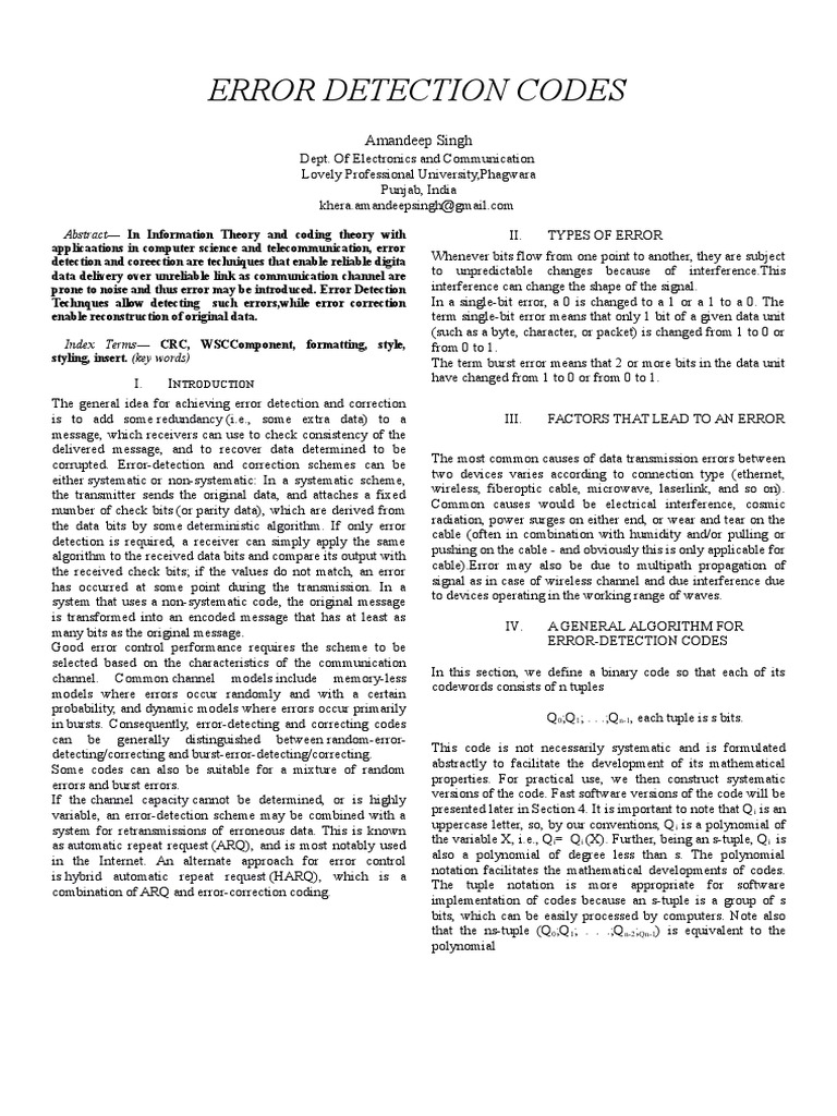 Error Detection Codes Pdf Error Detection And Correction Theoretical Computer Science