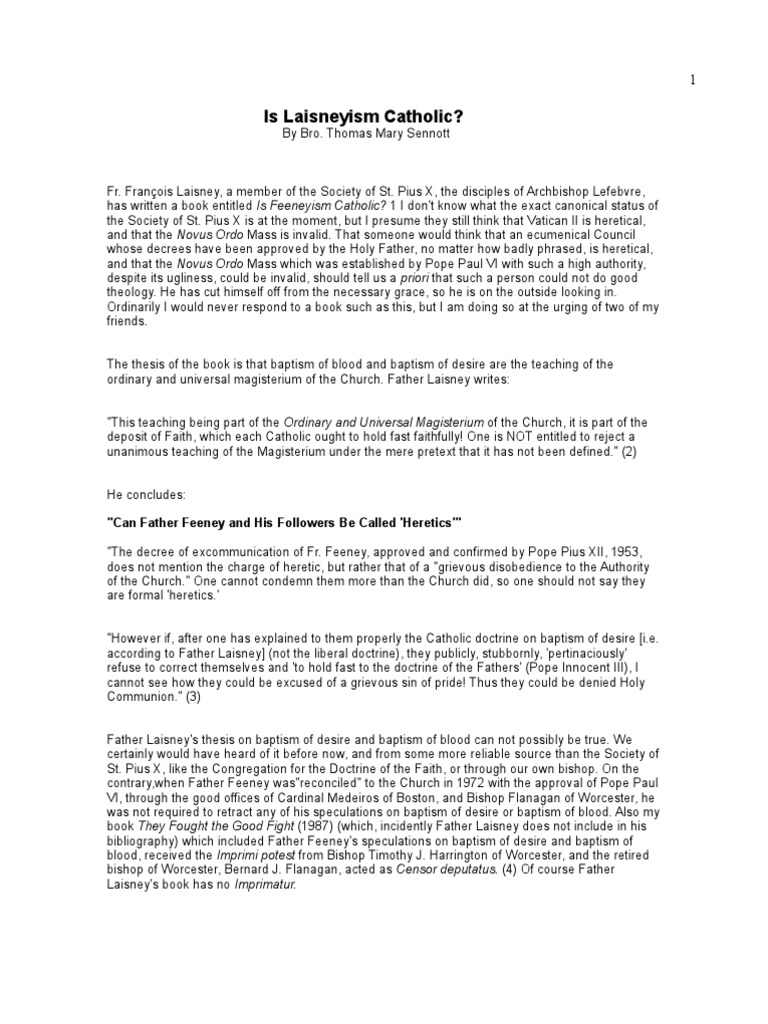 Laisneyism vs. Feeneyism Debate | PDF | Baptism | Catholic Church