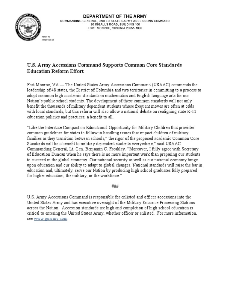 Army Supports Common Core Education Standards | PDF | Social Science