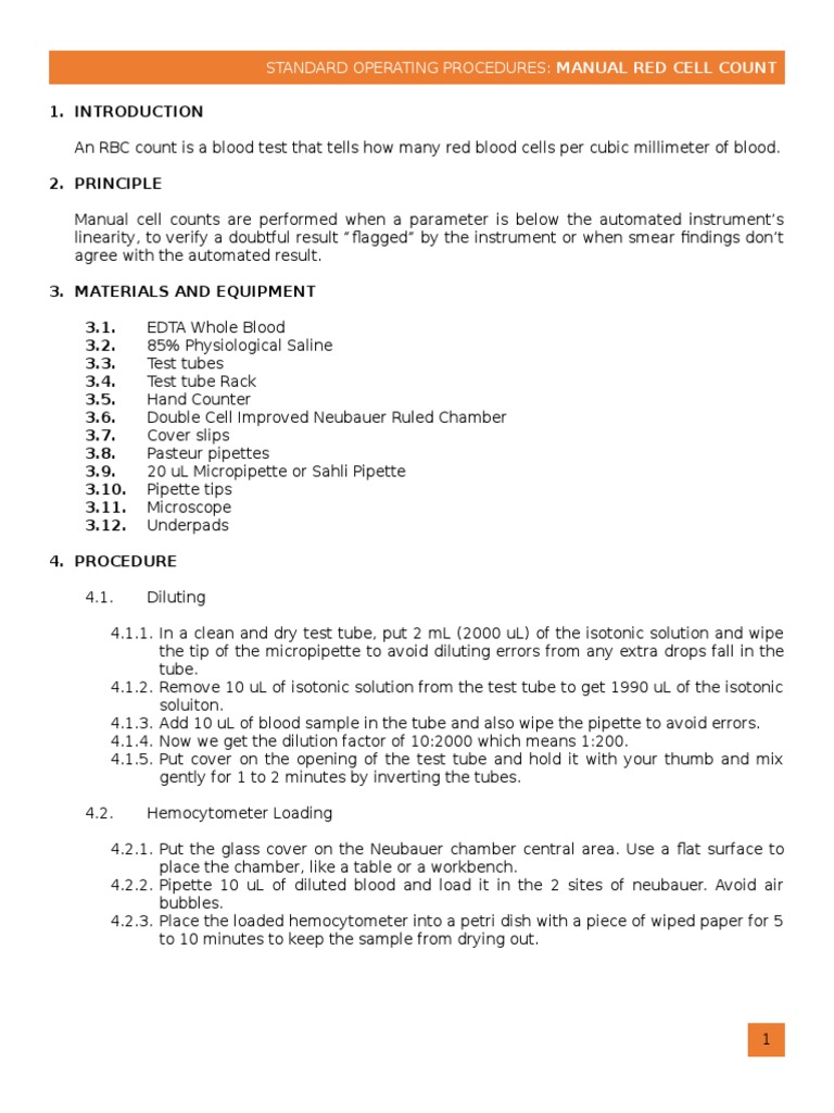 Sop - Red Cell Count | PDF | Medical Specialties | Clinical Medicine