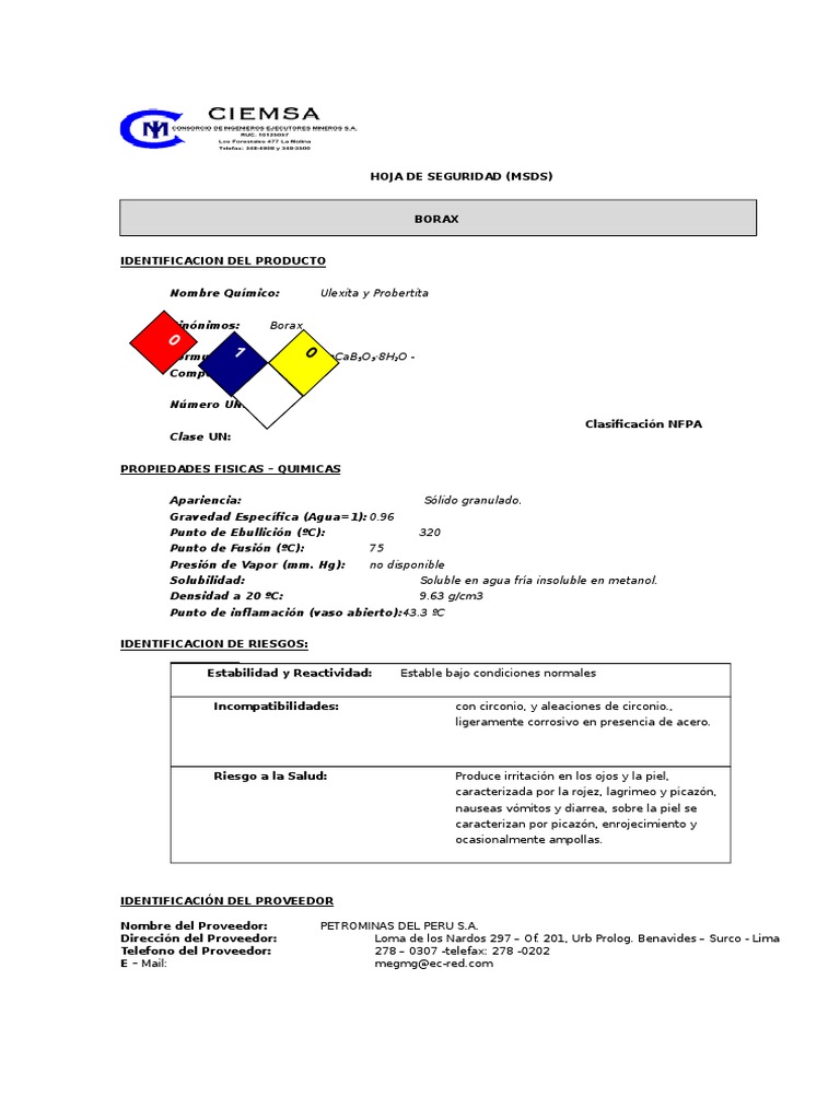 MSDS: Seguridad y Manejo de Borax | PDF | Primeros auxilios | Solubilidad