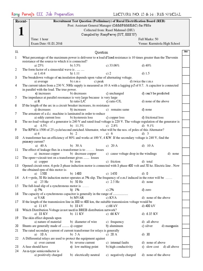 BREB AGM Exam Question Bank 2025 | PDF | Transformer | Electric Motor