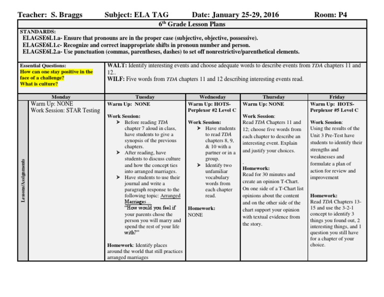 6th Grade ELA TAG Lesson Plans | PDF