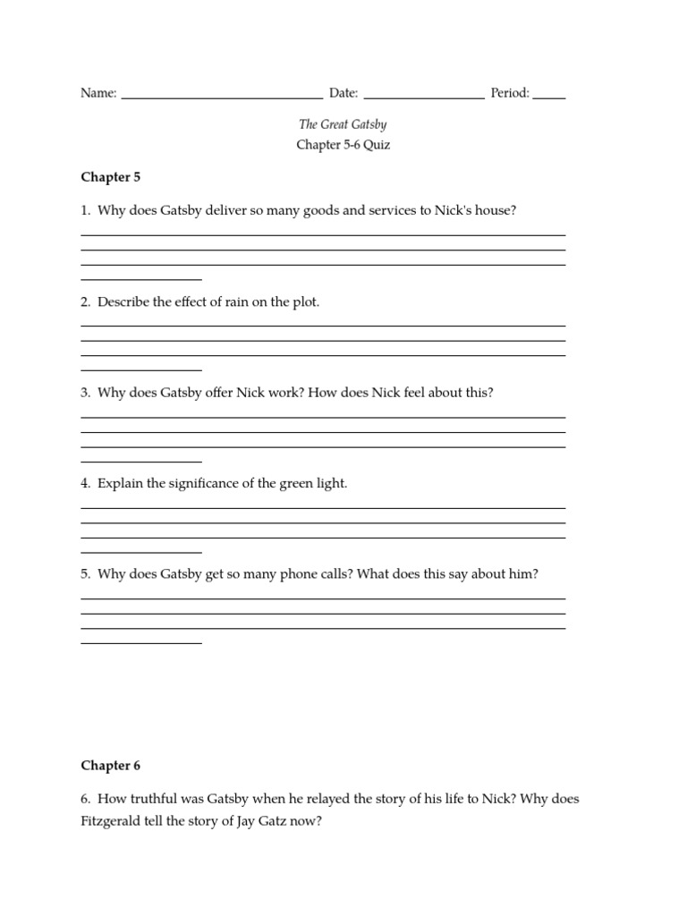 2 - Gatsby Chapter Quizzes 5 and 6 | PDF