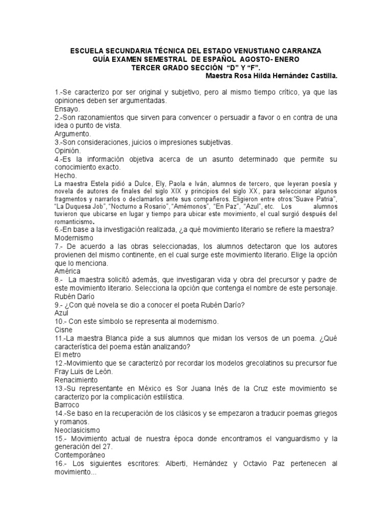 Guía de Estudio Español 3° Secundaria | PDF | Clásicos