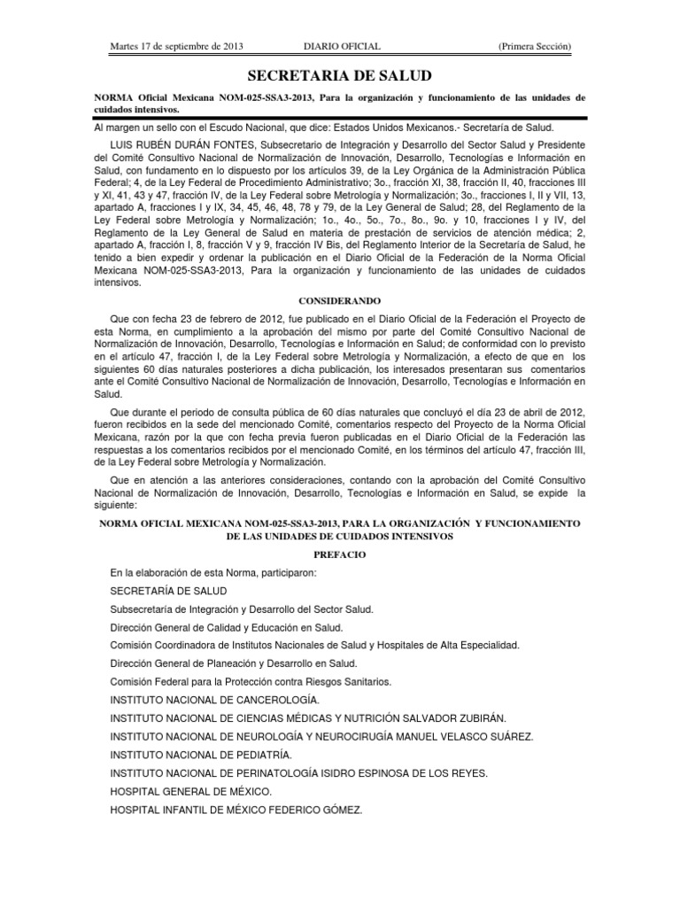 NORMA Oficial Mexicana NOM-025-SSA3-2013, para La Organización y Funcionamiento de Las Unidades ...