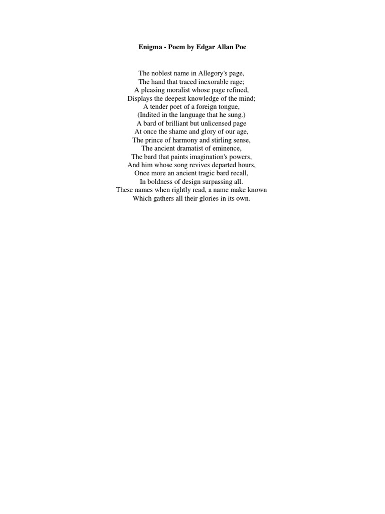 Enigma - Poem by Edgar Allan Poe | PDF | Classics | General Fiction