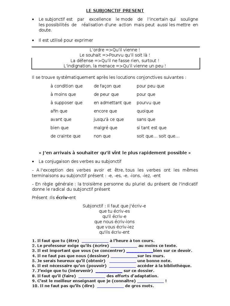 Exercices sur le Subjonctif Présent | PDF | Verbe | Règles