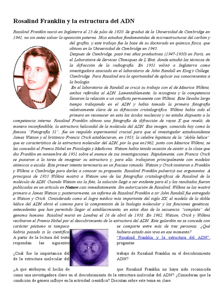 Rosalind Franklin y La Estructura Del ADN | PDF | Francis Crick | James Watson