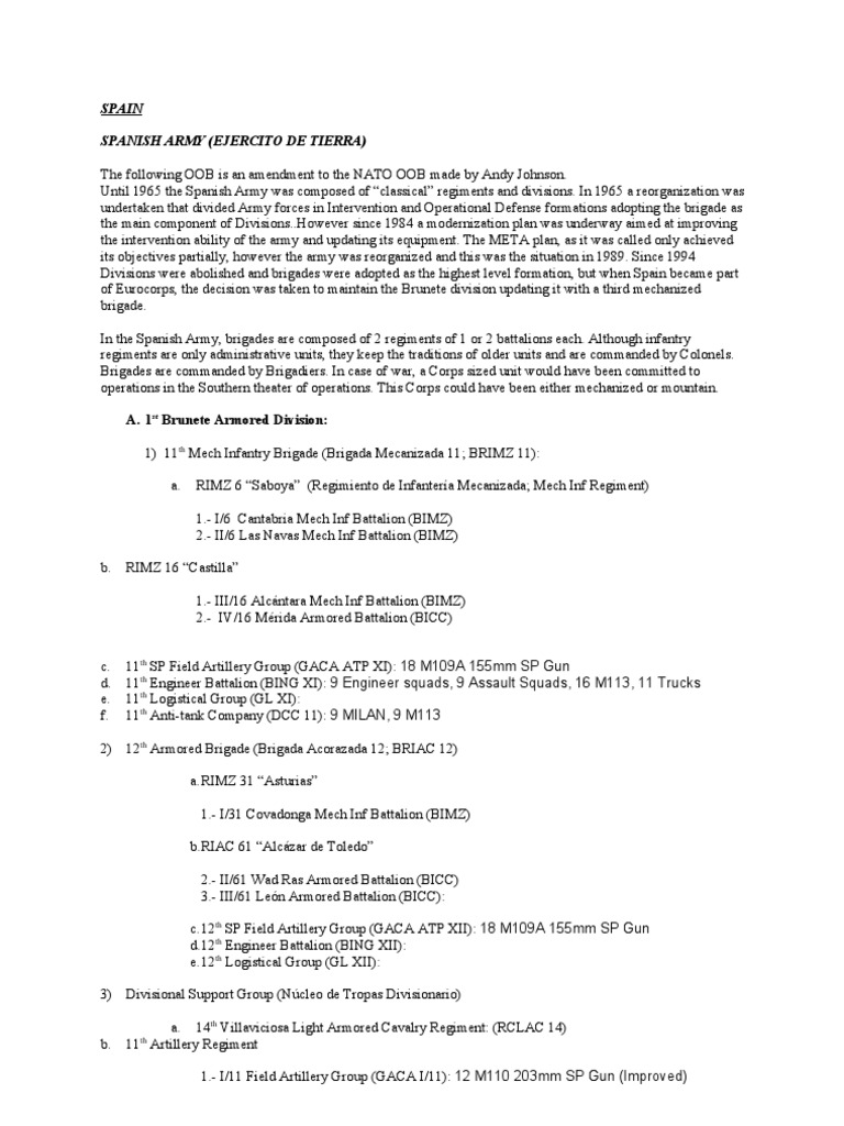 Spanish Army Structure in 1989 | PDF | Platoon | Regiment