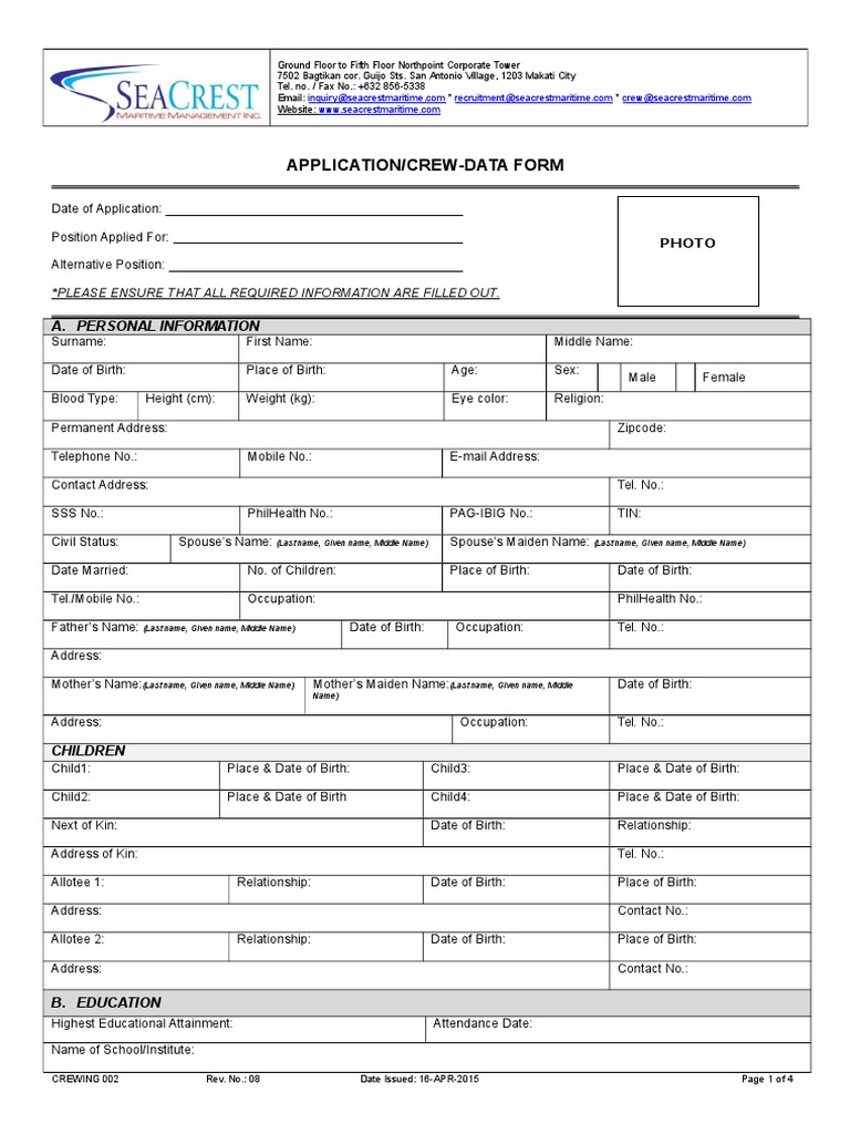 Application/Crew-Data Form: A. Personal Information | PDF | Oil Tanker ...