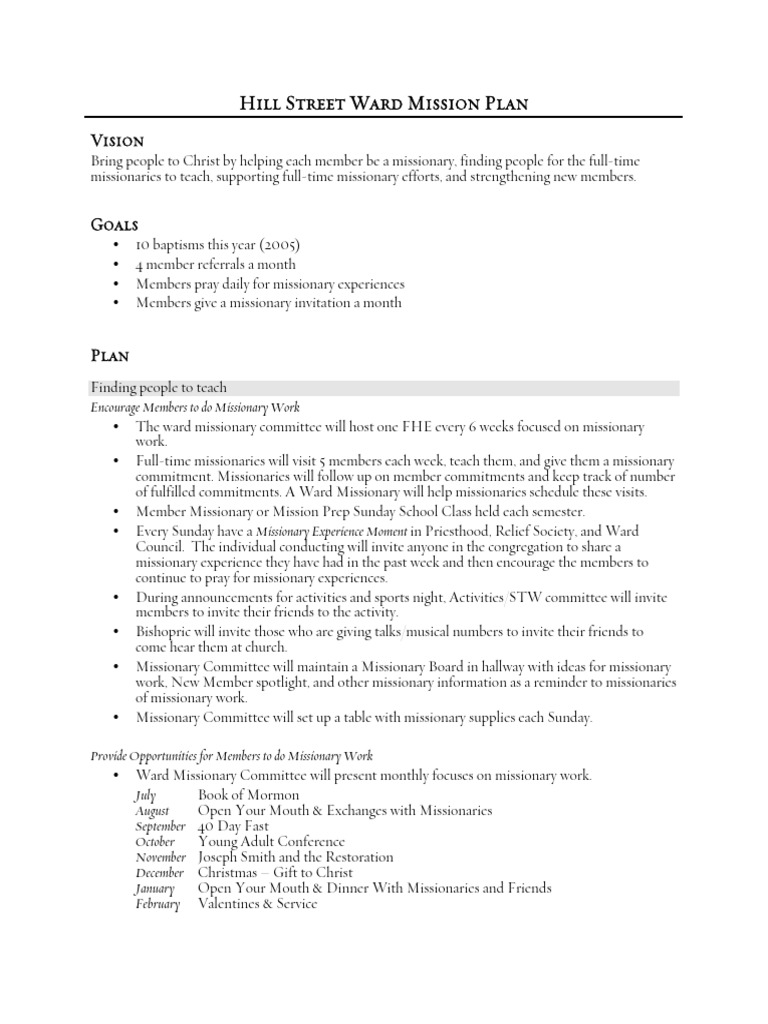 Hill Street Ward Mission Plan: Vision | PDF | Missionary (Lds Church ...