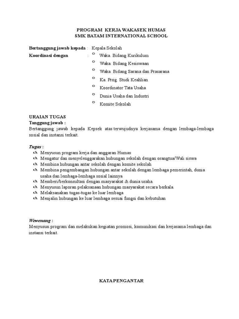 Program Kerja Wakasek Humas SMK Alkhairaat Bahodopi | PDF