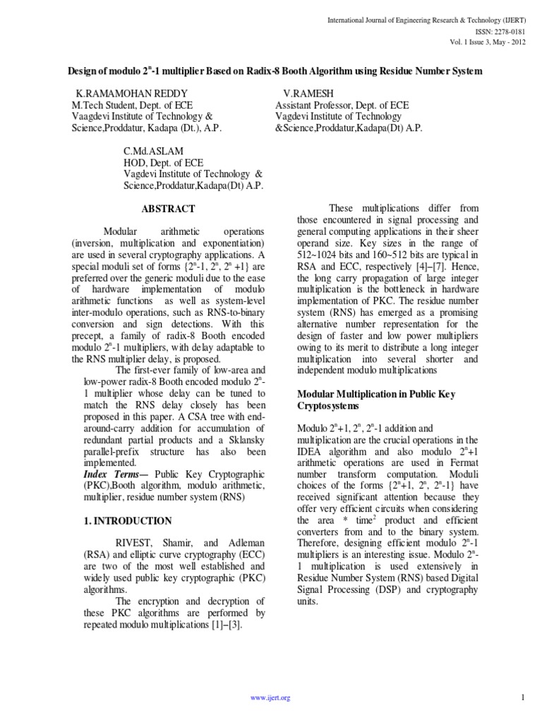 Design of Modulo 2 - 1 Multiplier Based On Radix-8 Booth Algorithm Using Residue Number System ...
