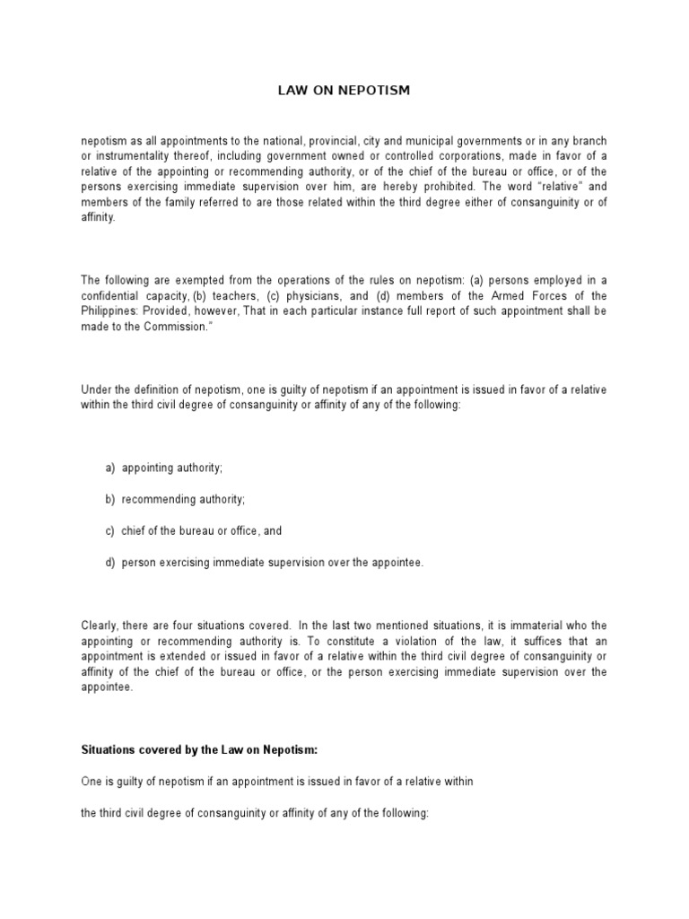 Situations Covered by The Law On Nepotism | PDF | Public Law | Social ...