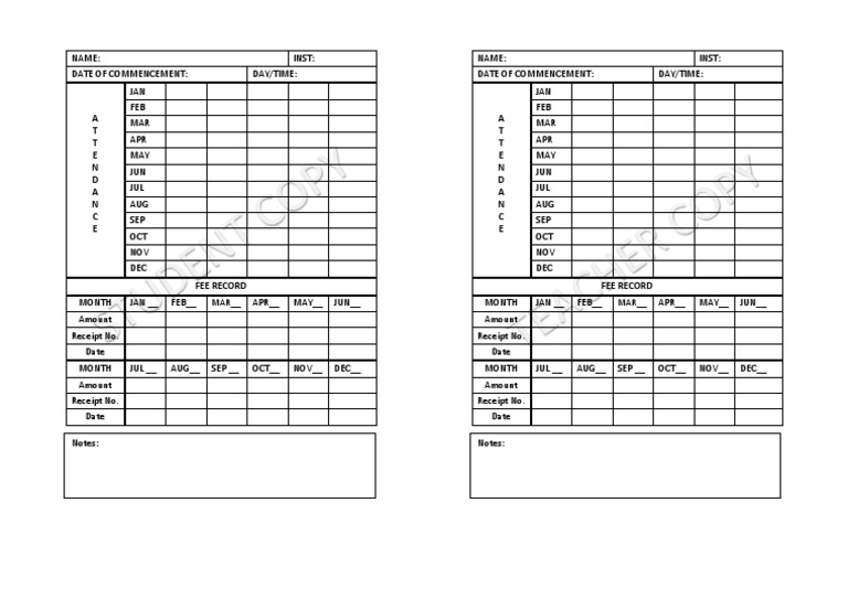 Attendance and Fee Record Card | PDF | Finance & Money Management