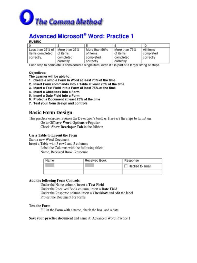 Advanced Microsoft Word: Practice 1: Basic Form Design | PDF ...