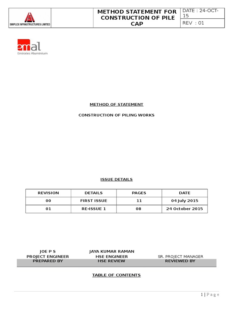 Method Statement For Construction of Pile CAP: DATE: 24-OCT-15 REV: 01 | PDF | Deep Foundation ...