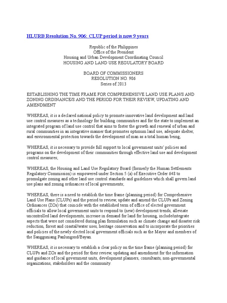 HLURB Resolution No. 906: CLUP Period Is Now 9 Years | PDF | Land Use ...