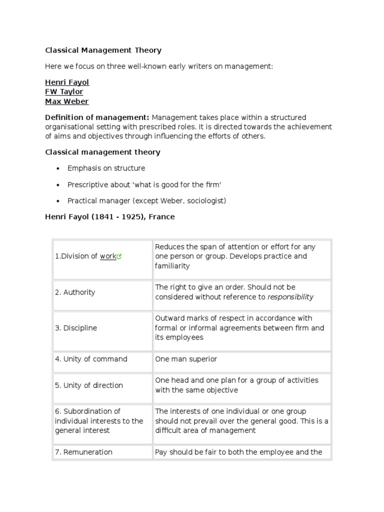 Classical Management Theory | PDF | Max Weber | Employment