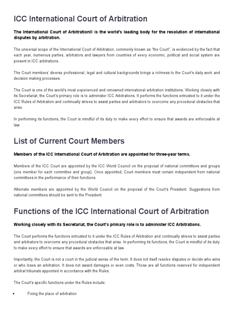 ICC International Court of Arbitration Overview | PDF | Arbitration ...