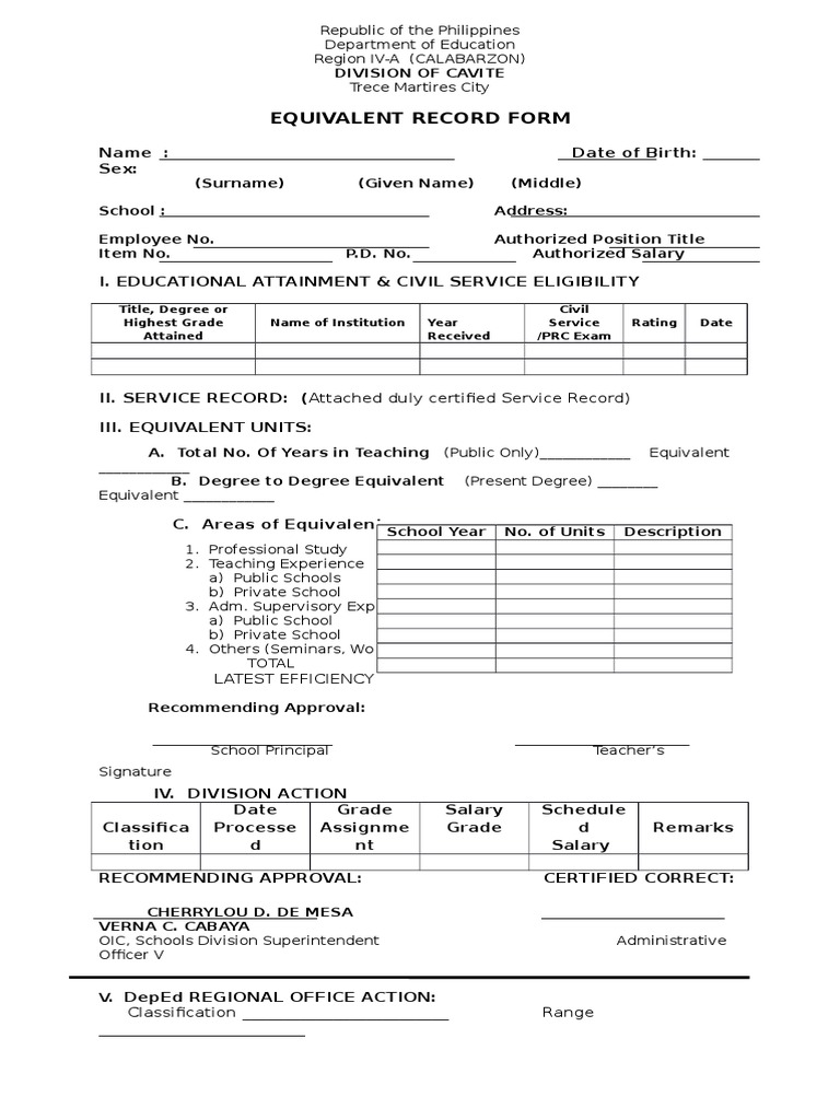 Equivalent Record Form: Division of Cavite | PDF | Career & Growth