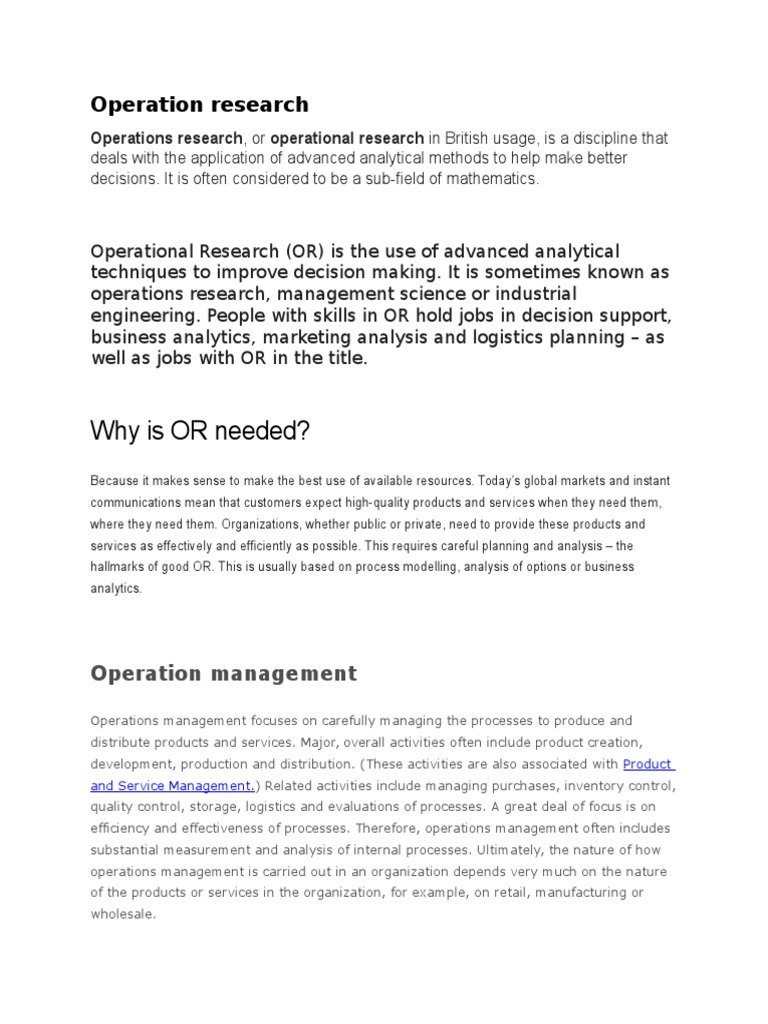 Why Is OR Needed?: Operation Research | Download Free PDF | Forecasting ...