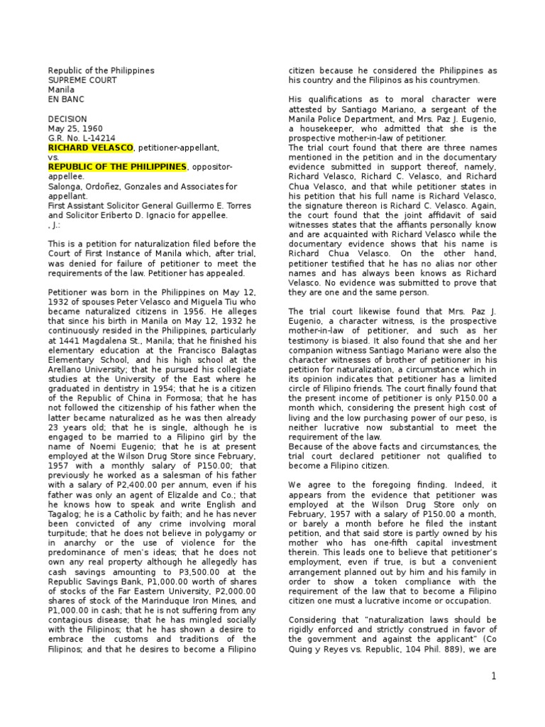 RICHARD VELASCO, Petitioner-Appellant, Republic of The Philippines ...