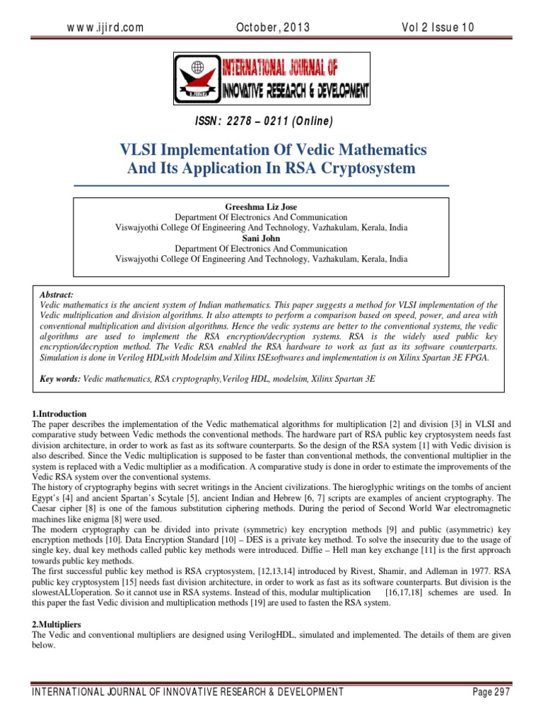 VLSI Implementation of Vedic Mathematics and Its Application in RSA Cryptosystem | PDF ...