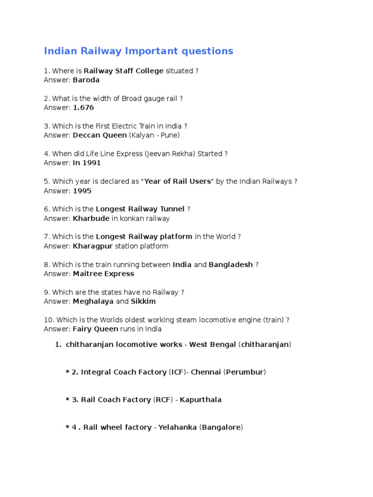 Indian Railway Important Questions | PDF | Track (Rail Transport ...