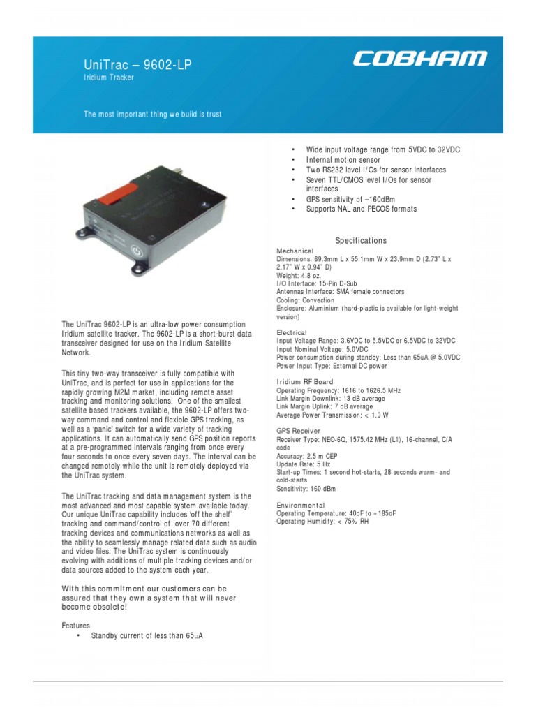 UniTrac 9602-LP Iridium Tracker Overview | PDF
