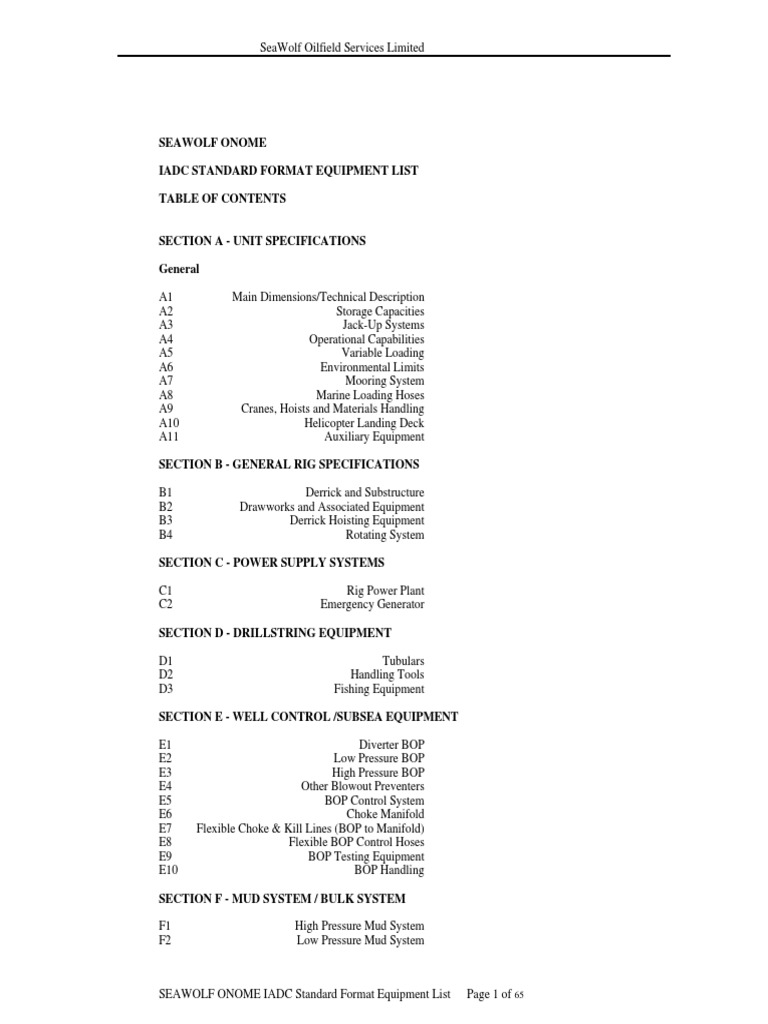 SeaWolf Onome IADC Equipment List | PDF | Drilling Rig | Transmission ...