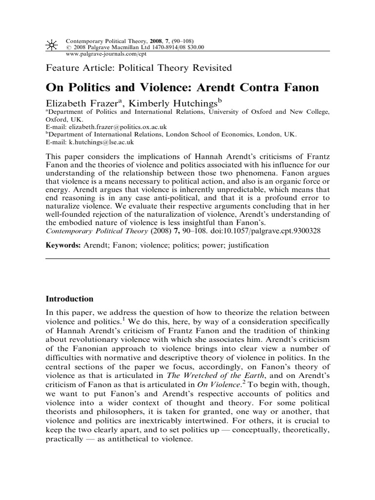 On Politics and Violence Arendt Contra Fanon | PDF | Frantz Fanon ...