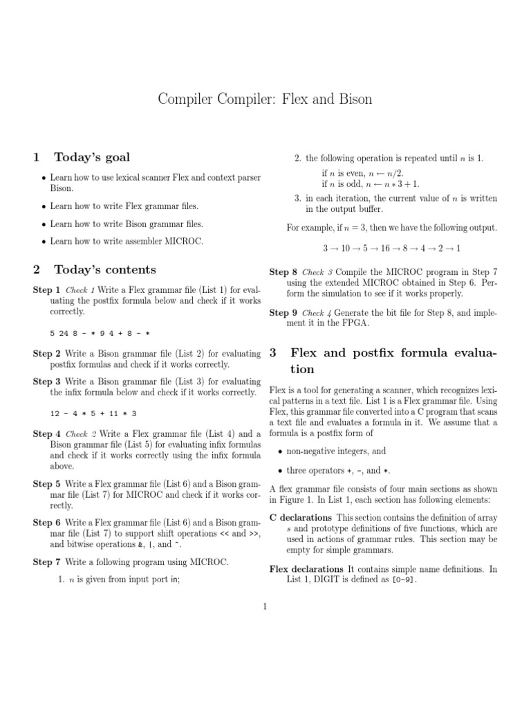 Compiler Compiler: Flex and Bison: 1 Today's Goal | PDF | Parsing | Syntax (Logic)