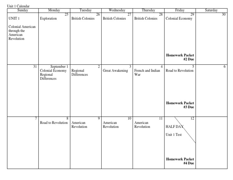 Unit 1: Colonial America Calendar | PDF | Politics | Travel