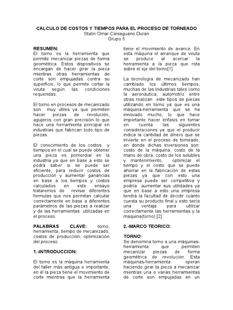 Cálculo de costos y tiempos para el proceso de torneado: una guía paso ...