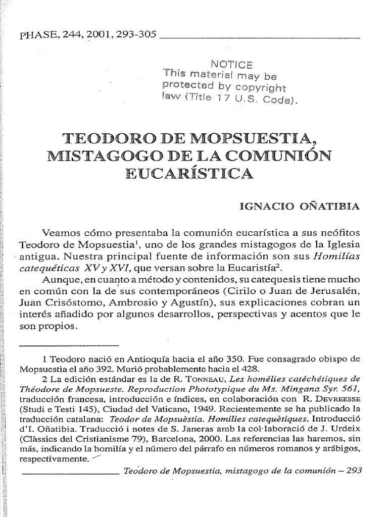 Onatibia, Teodoro de Mopsuestia, Mistagogo de La Comunión Eucarística ...