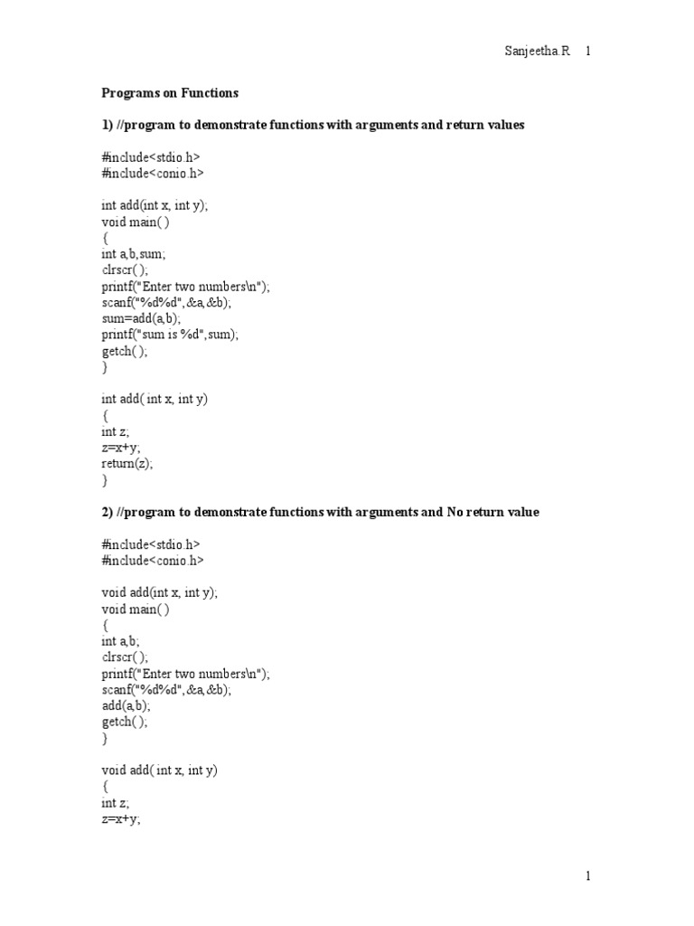 Programs On Functions 1 Program To Demonstrate Functions With Arguments And Return Values 6606